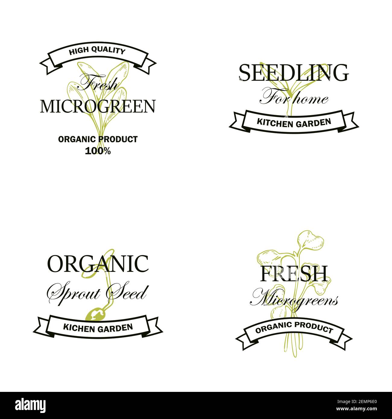 Set of microgreens logo with hand drawn elements. Vector illustration ...