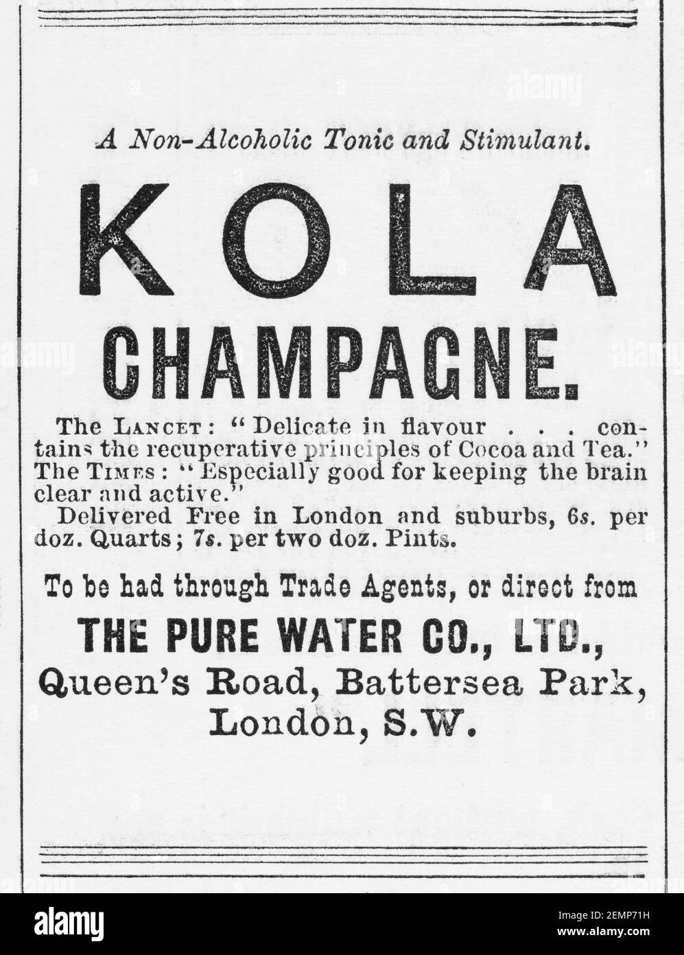 Old Victorian magazine newsprint Kola champagne tonic advert from 1894 ...