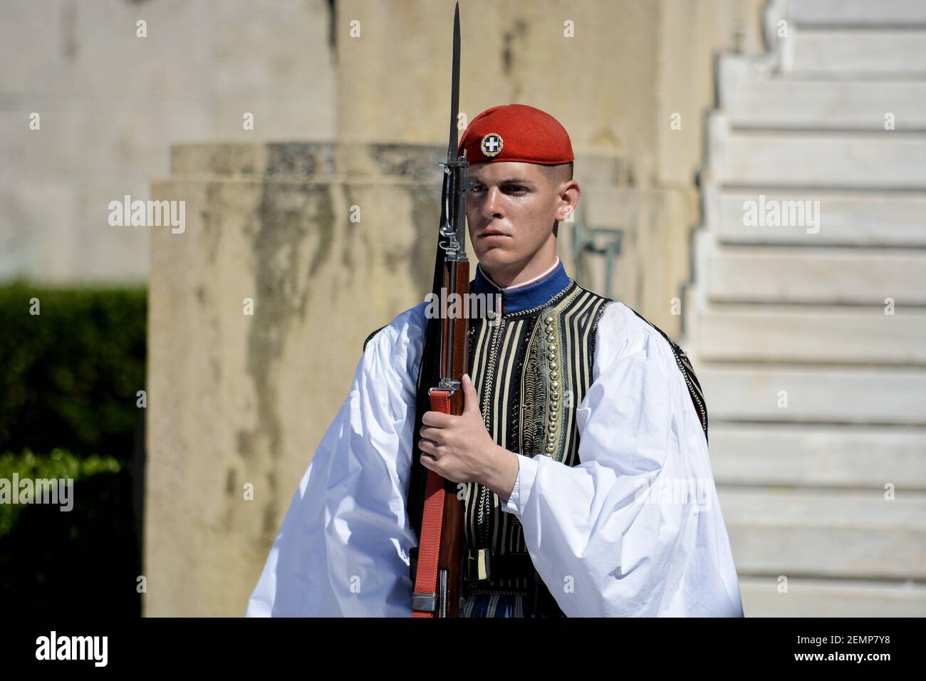 A member of Greek Presidential Guard seen marching during the Military ...