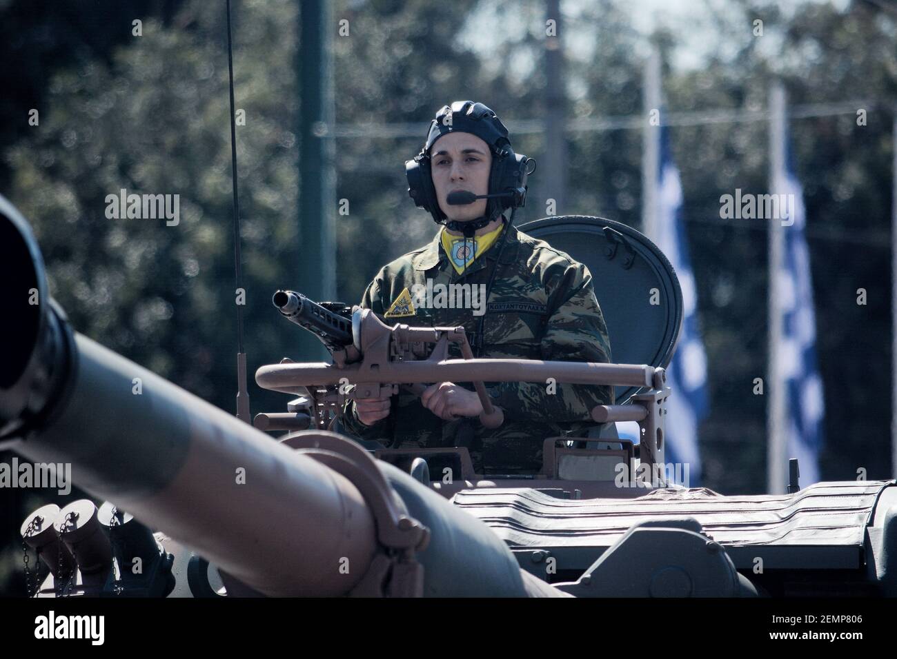 Crew of armoured vehicle seen during the Military parade commemorating ...