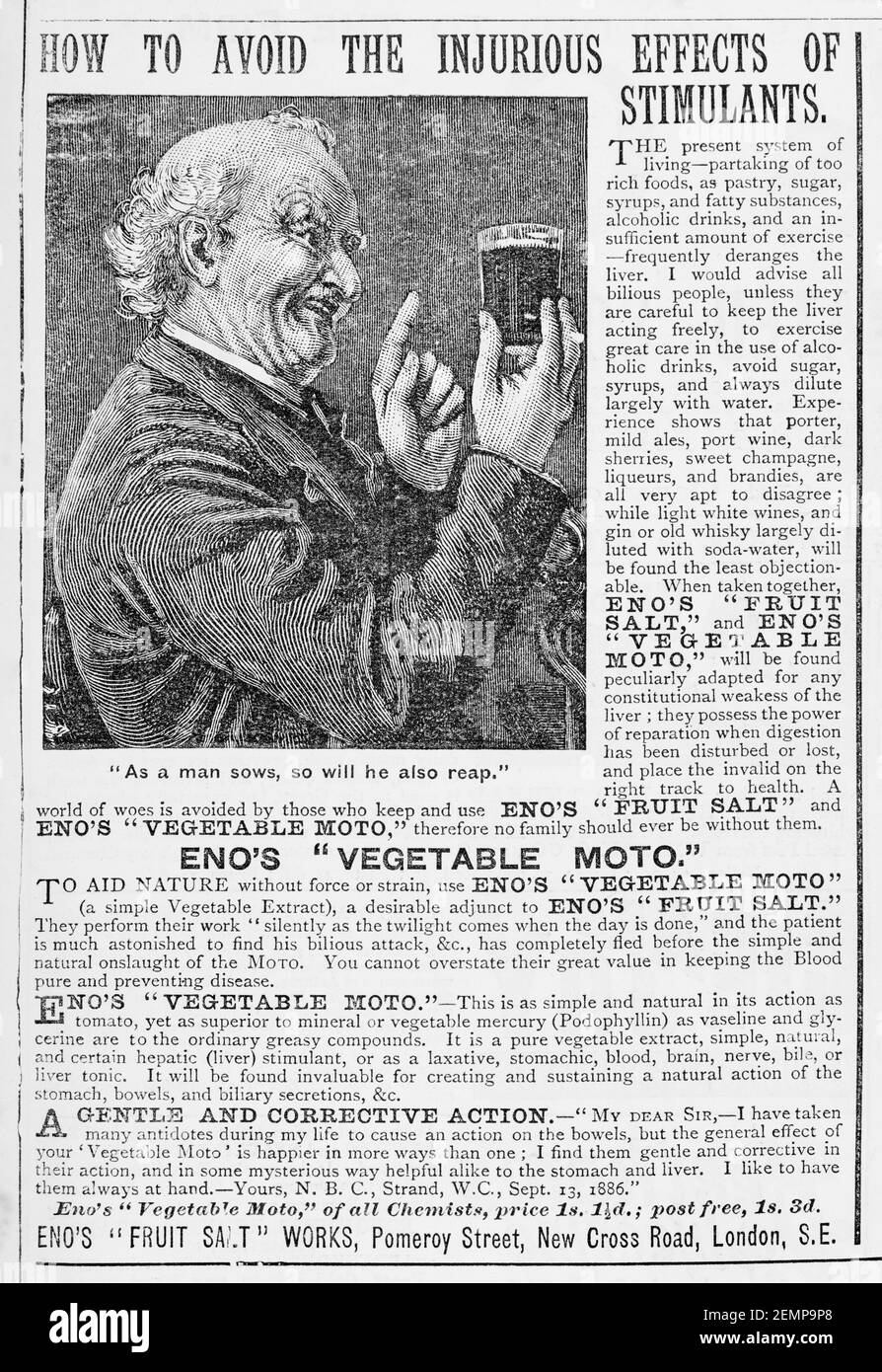 Old Victorian magazine newsprint Eno's medicine advert from 1887 ...