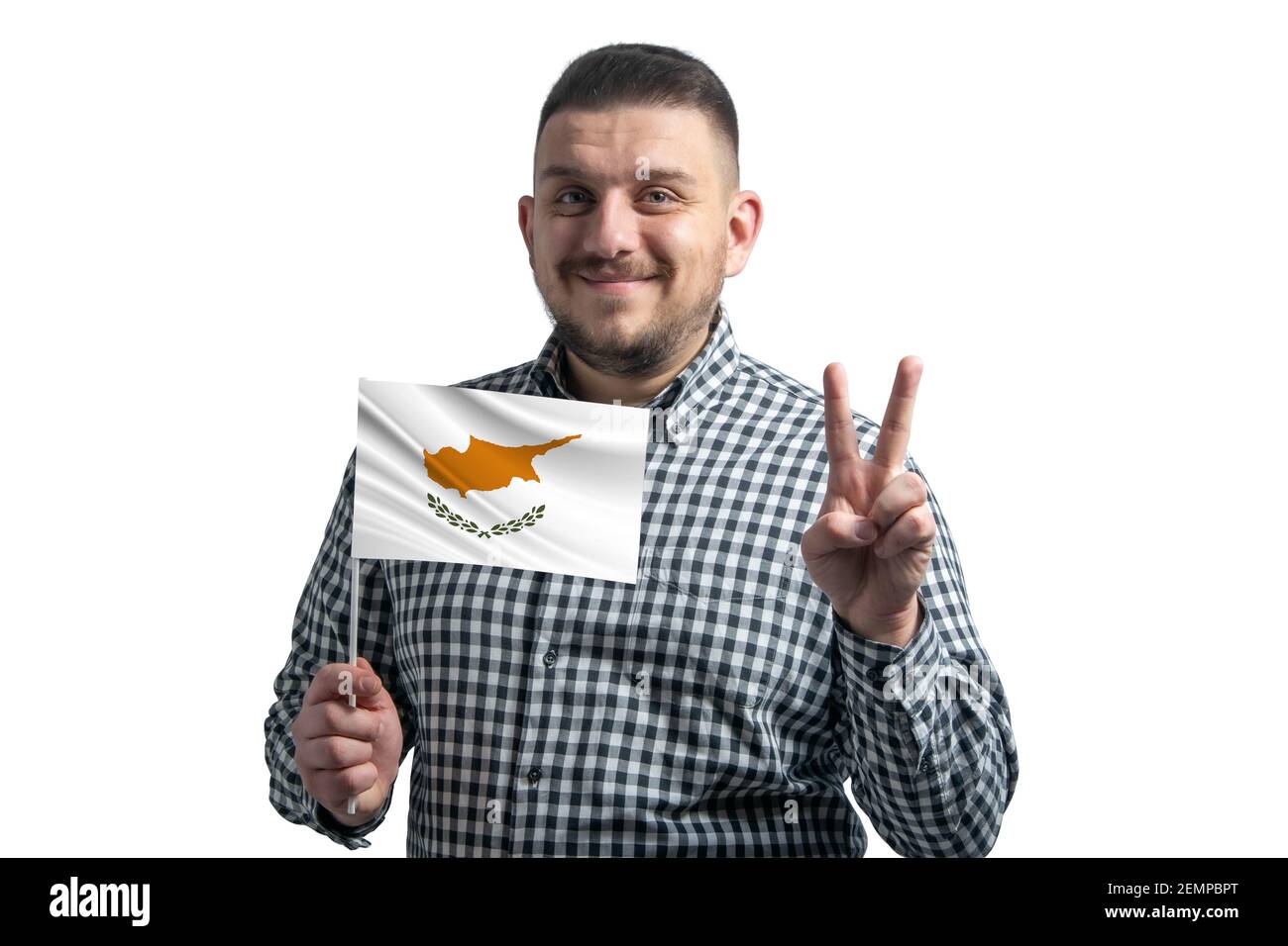 White guy holding a flag of Cyprus and shows two fingers isolated on a ...