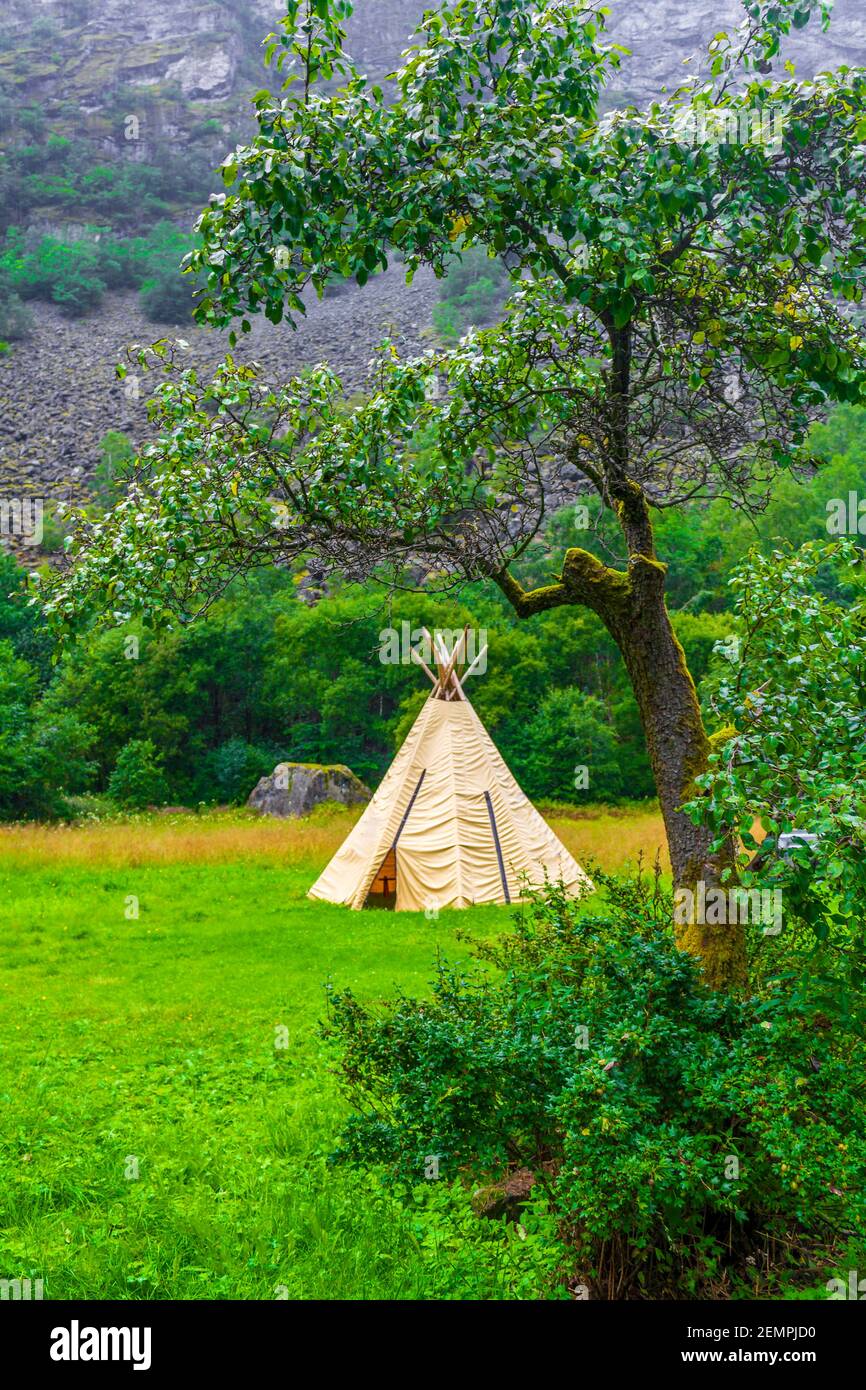 Tipi tent in Norwegian nature and forest landscape Norway Stock Photo ...