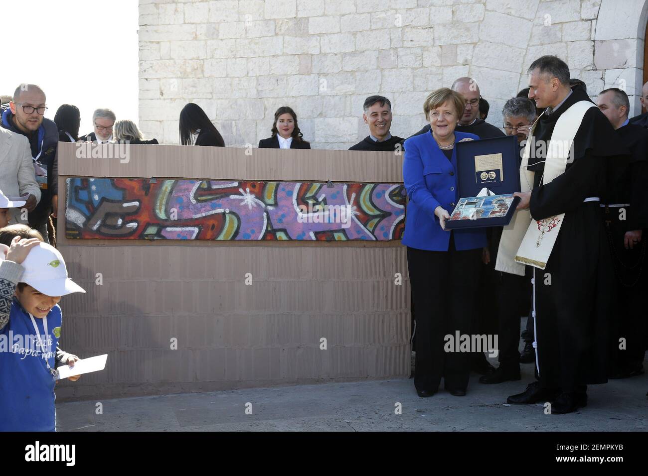 German Chancellor Angela Merkel donates a piece of Berlino wall at the ...
