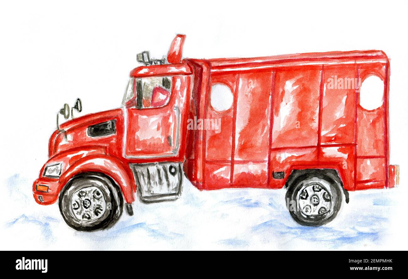 Cartoon red big track, hand drawn illustration Stock Photo - Alamy