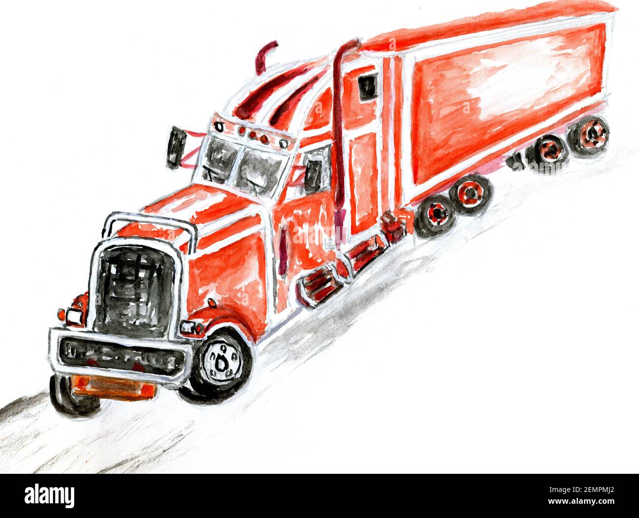 Cartoon red big track, hand drawn illustration Stock Photo - Alamy