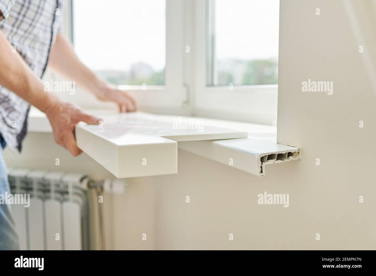 Artificial stone window sill, installation, technological process Stock ...