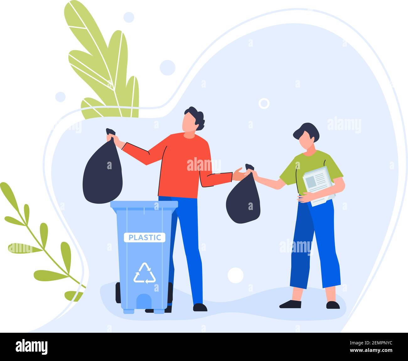 Plastic garbage bin, woman character and man trow Stock Vector Image ...