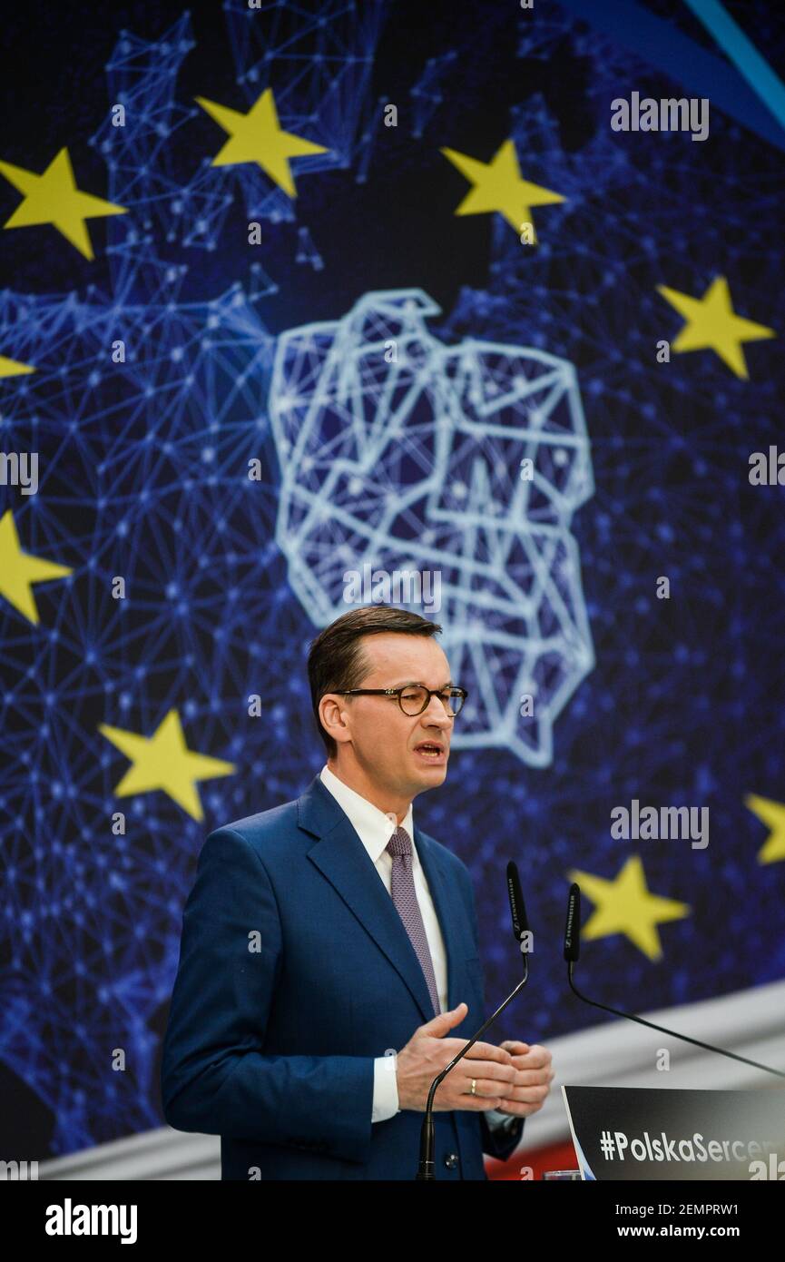 Prime Minister Mateusz Morawiecki seen speaking during the Law and Justice (Prawo i ...