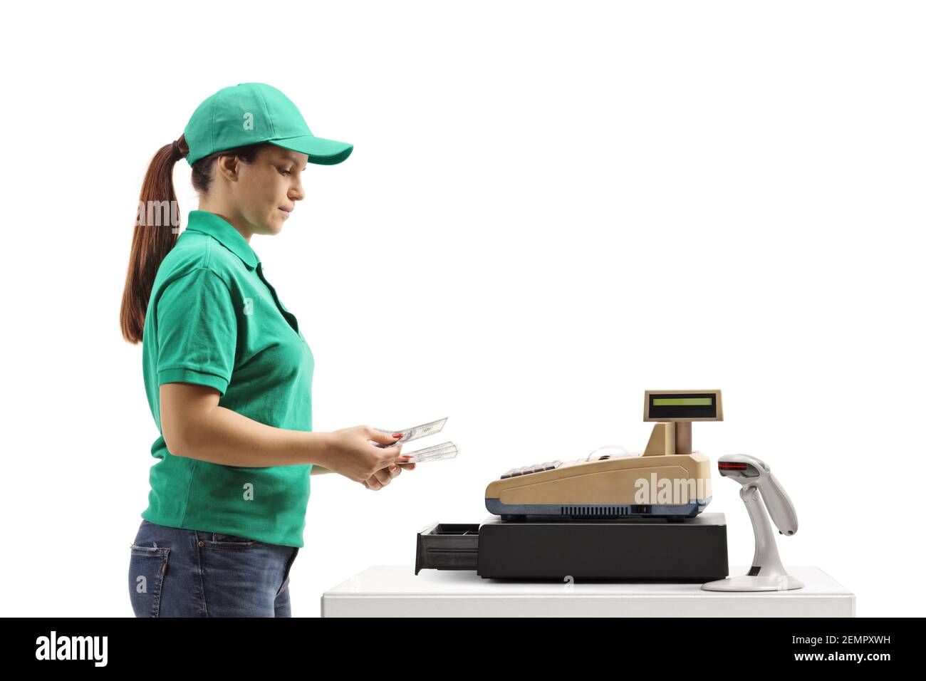 Cashier counting money hi-res stock photography and images - Alamy