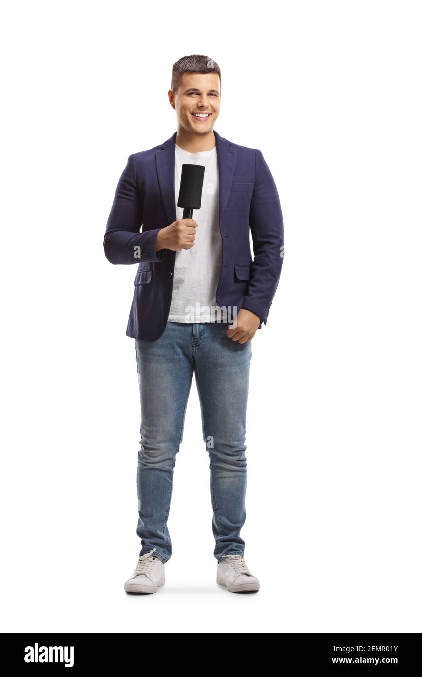 Full length portrait of male reporter holding a microphone and smiling ...