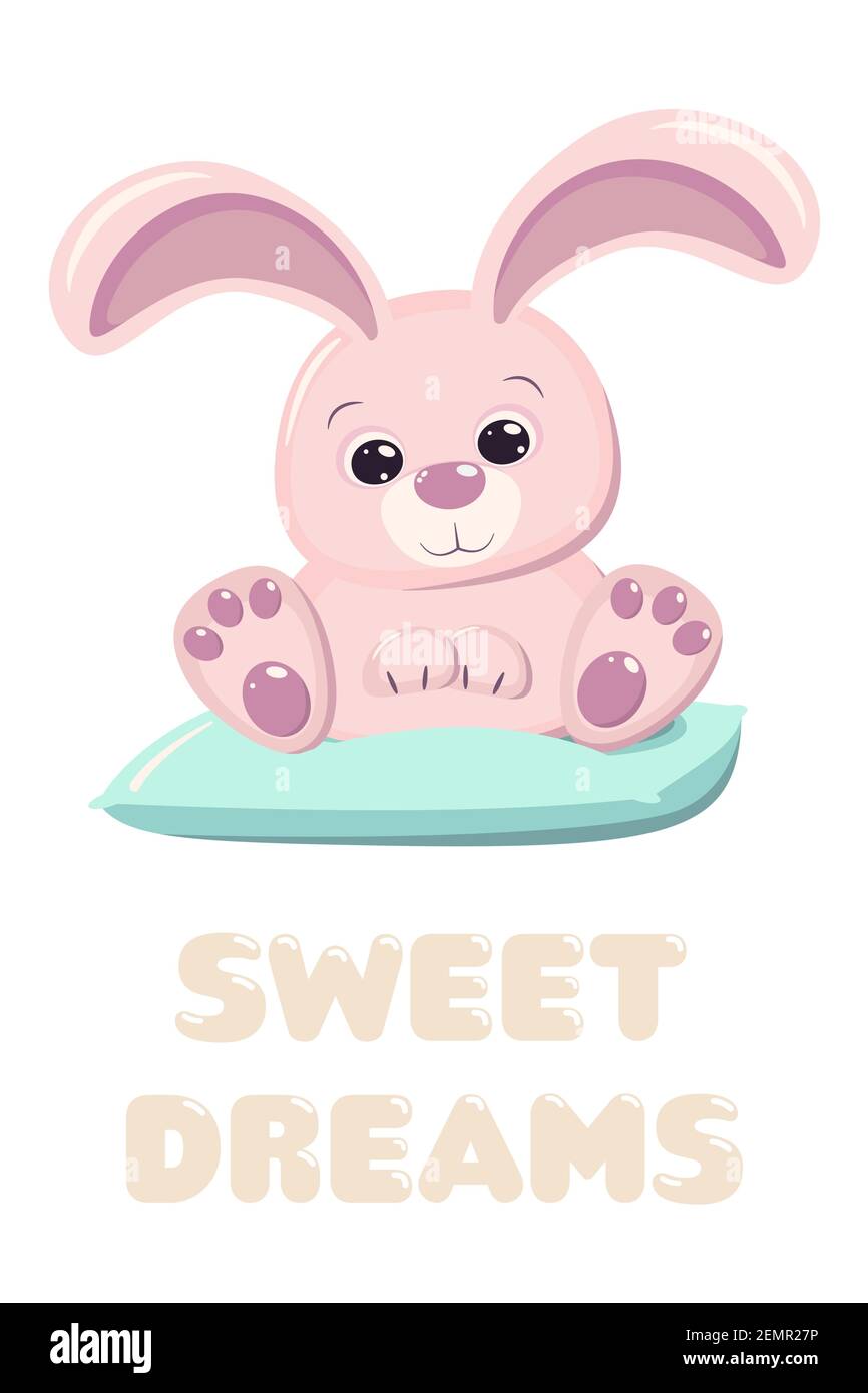 Happy Easter cute pink bunny rabbit on the blue pillow with the text ...