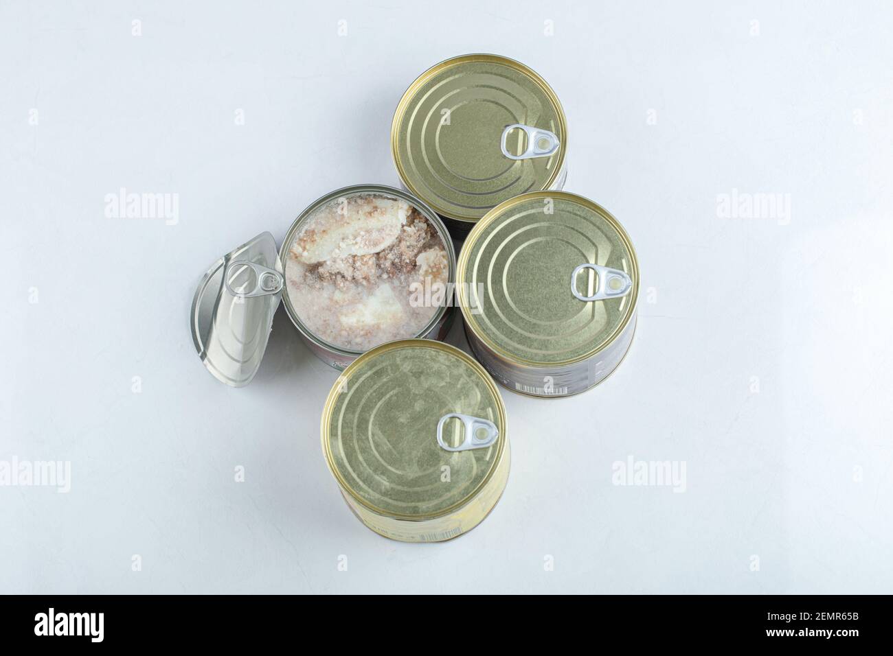 Top view of open or close can. canned beef. ON white background Stock ...