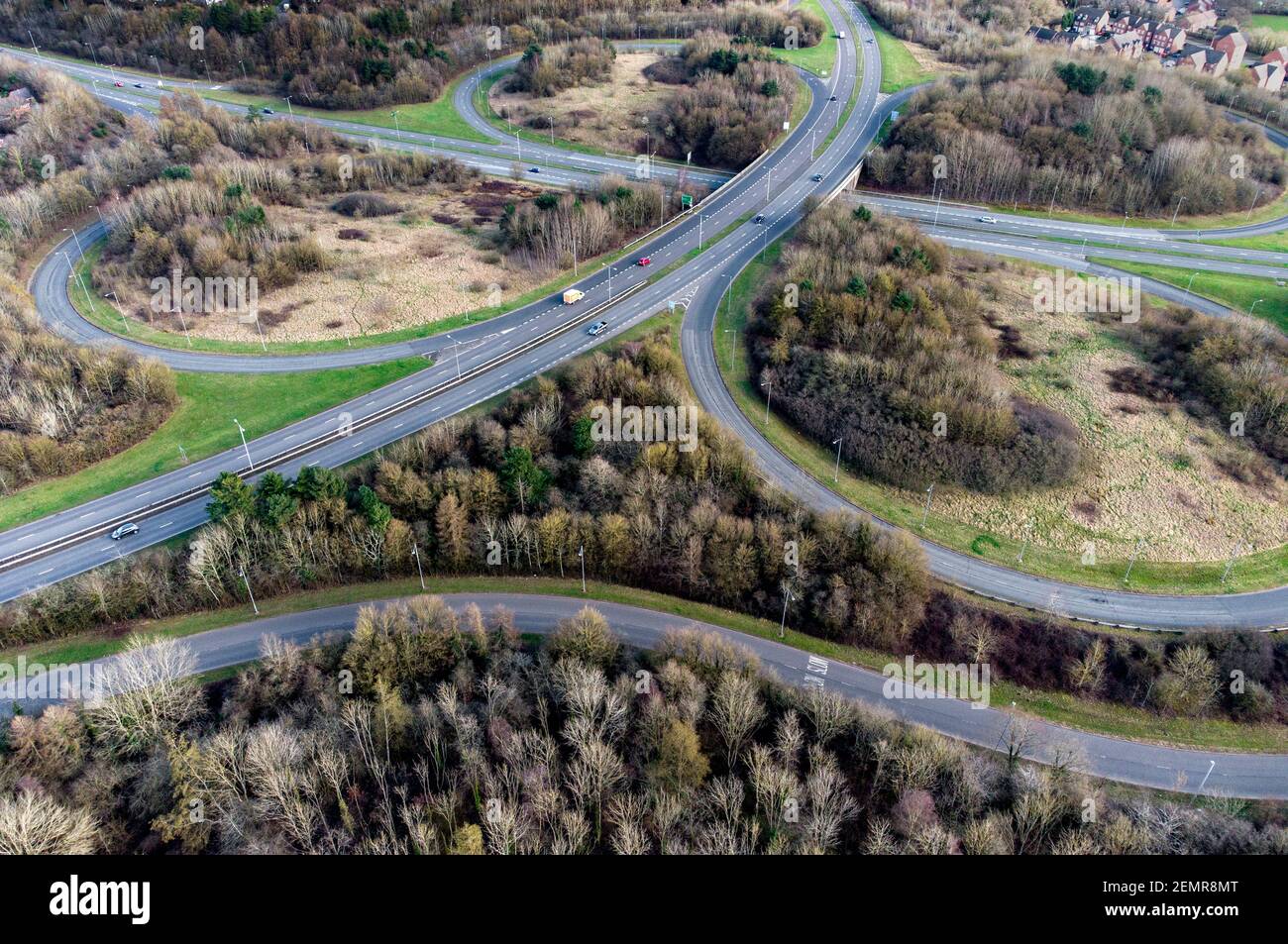 An aerial view of a large Clover Leaf road junction between the A448 ...