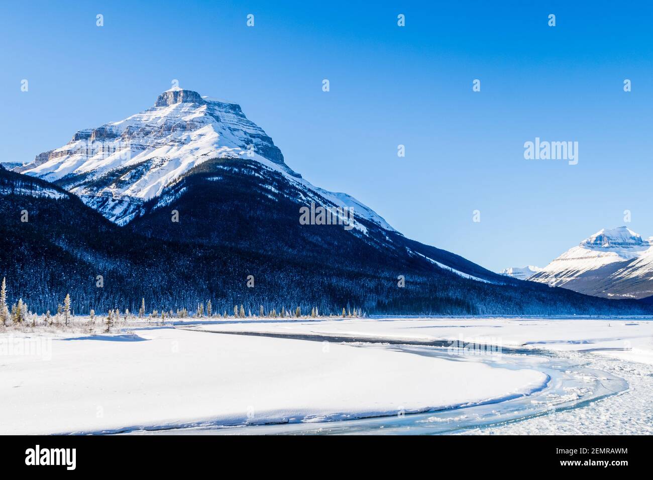 Beautiful winter view of the Athabasca river in Jasper national park ...