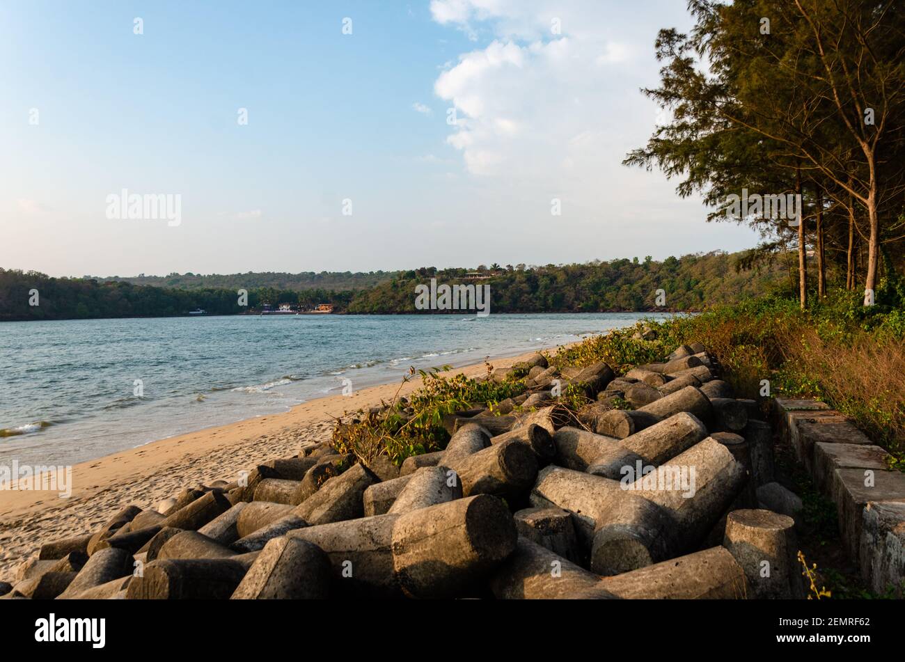 Querim Beach with tetra pods on the shore to prevent soil erosion. Querim or Keri Beach is ...