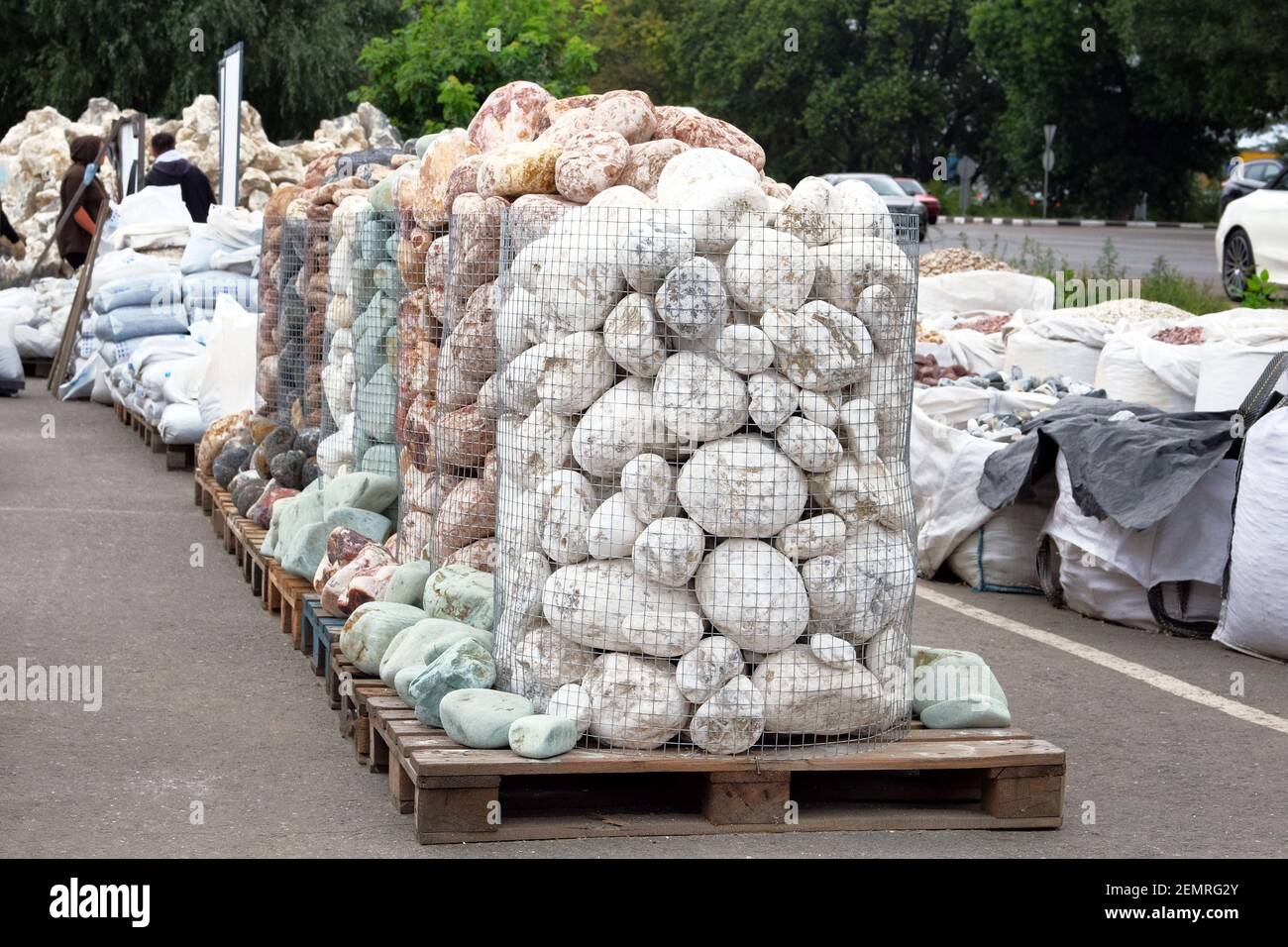 Variety of decorative natural stones are sold in construction store ...