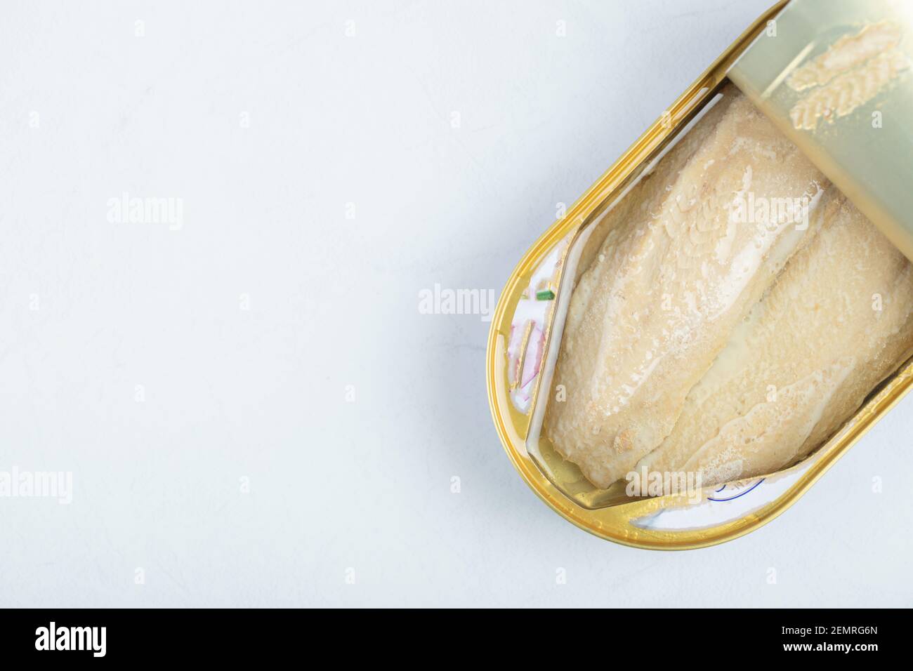 Top view Canned Tuna chunk in can, open canned food with lid cover is ...