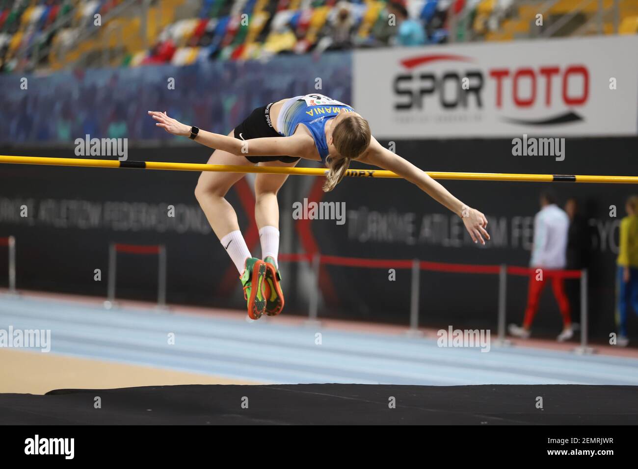 ISTANBUL, TURKEY - FEBRUARY 20, 2021: Undefined athlete high jumping ...