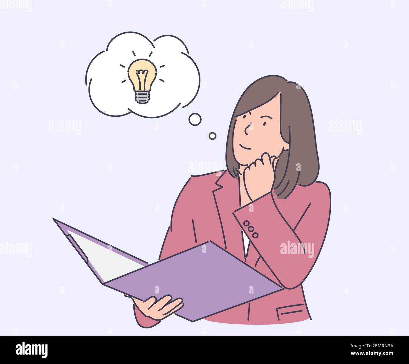 Thinking, idea, success, business concept. Young happy business woman ...