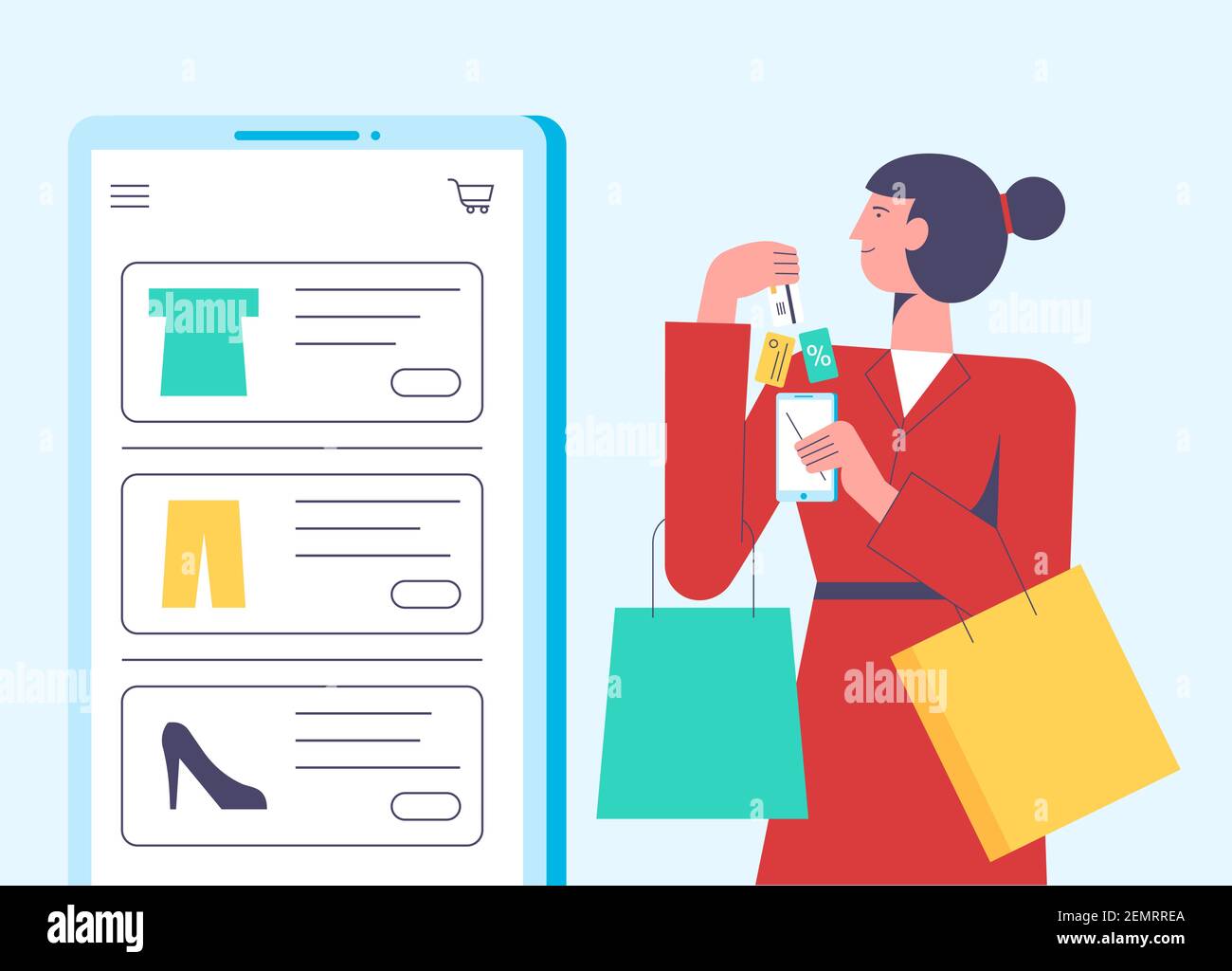 Flat vector illustration concept of woman shopping online holding bag ...
