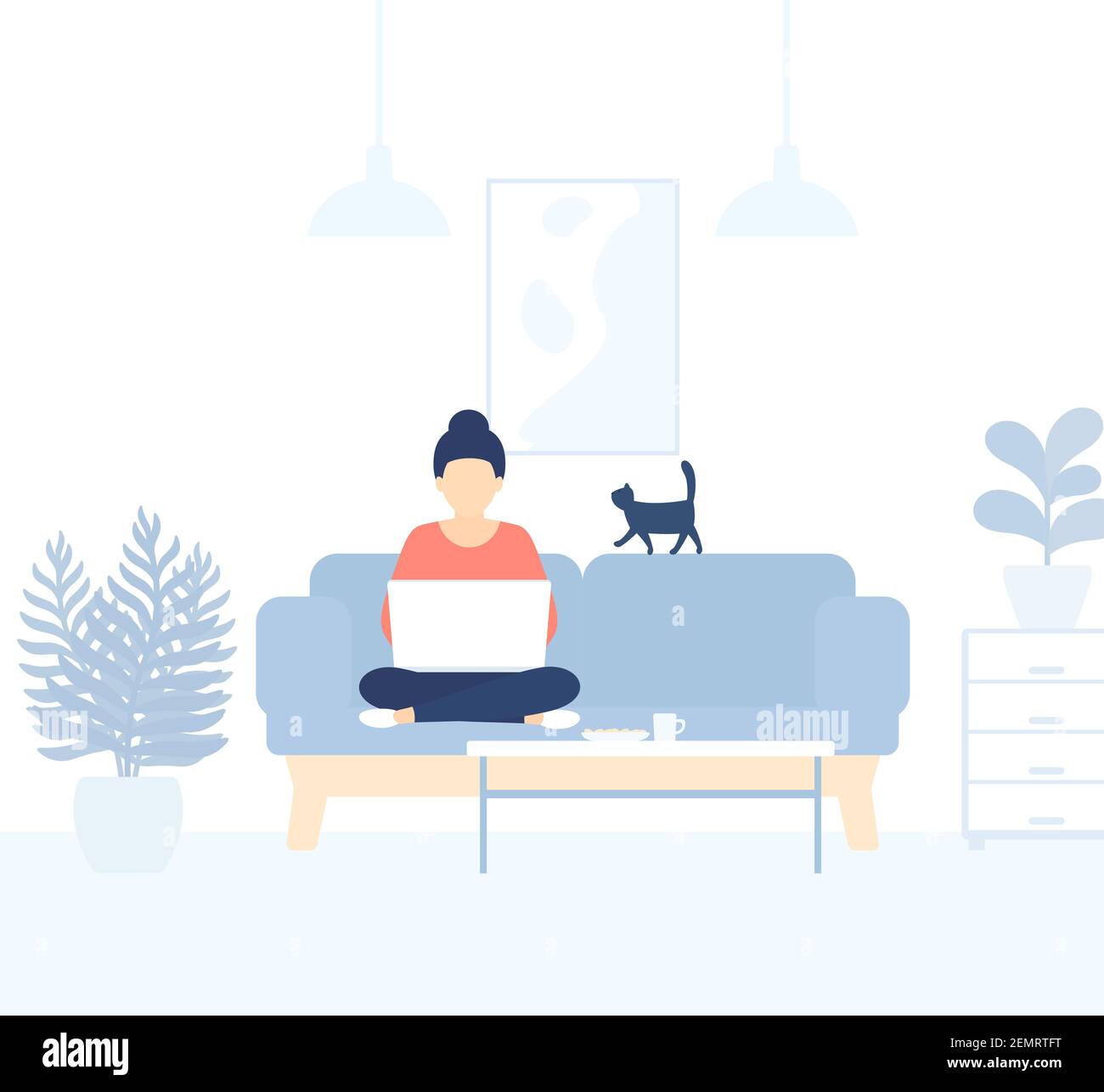 girl, woman working at home, vector illustration Stock Vector Image ...
