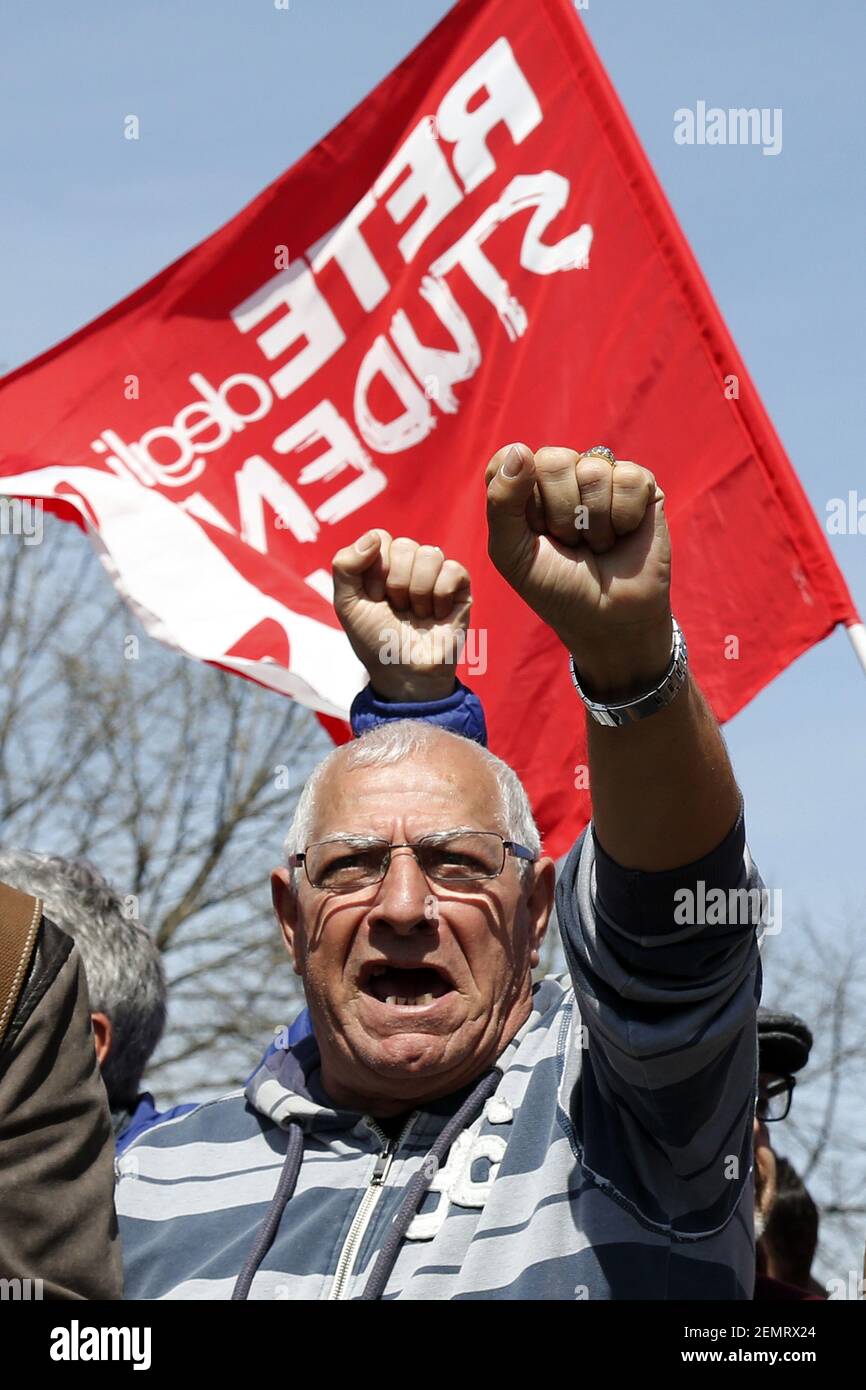 Raised fists Rome April 6th 2019. Counterdemonstration of activists ...