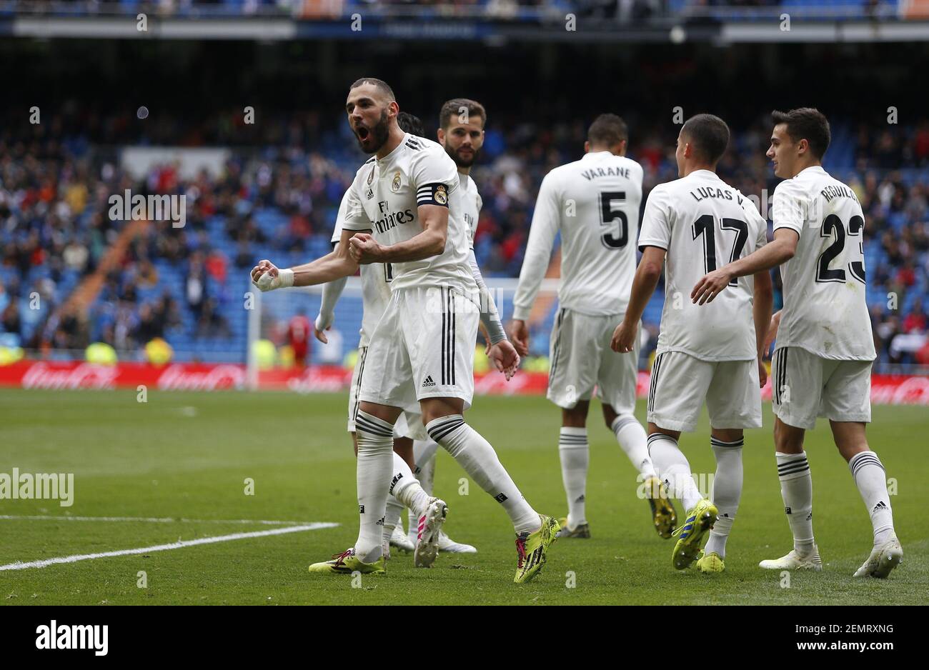 Real Madrid CF's Karim Benzema seen celebrating after scoring a goal ...