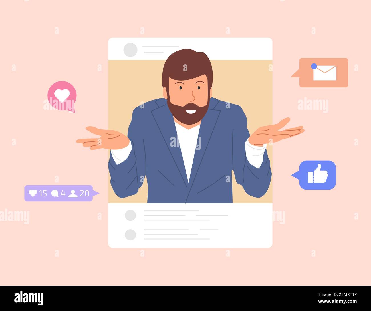 Guy browse social networks. Man making post and sharing happy moments ...