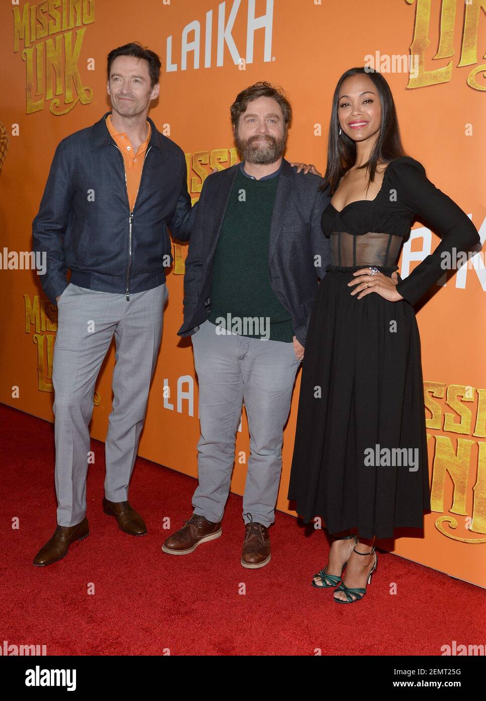 (L-R) Actors Hugh Jackman, Zack Galifanakis and Zoe Saldana attend the ...