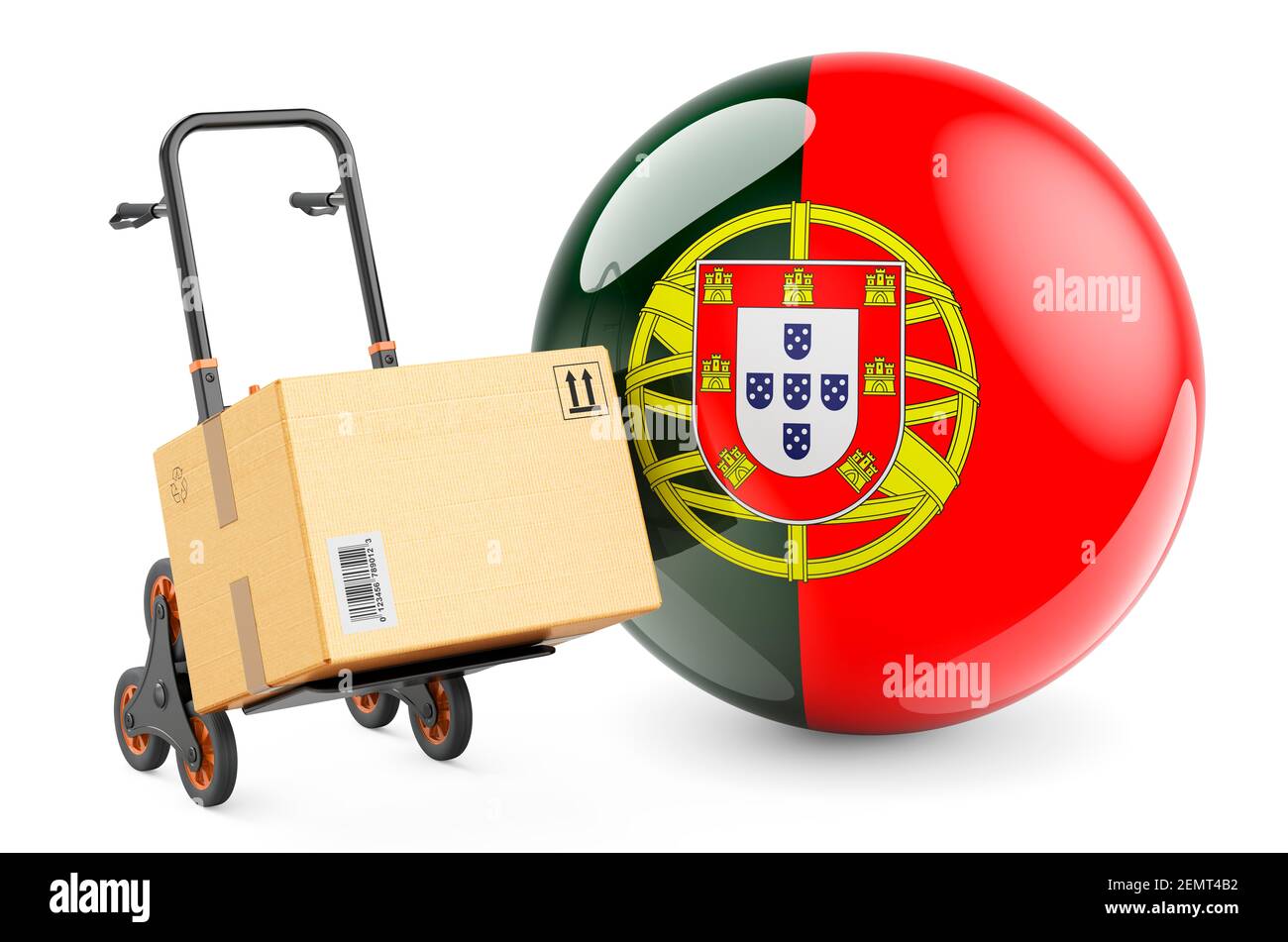 Parcel on the hand truck with Portuguese flag. Shipping in Portugal ...