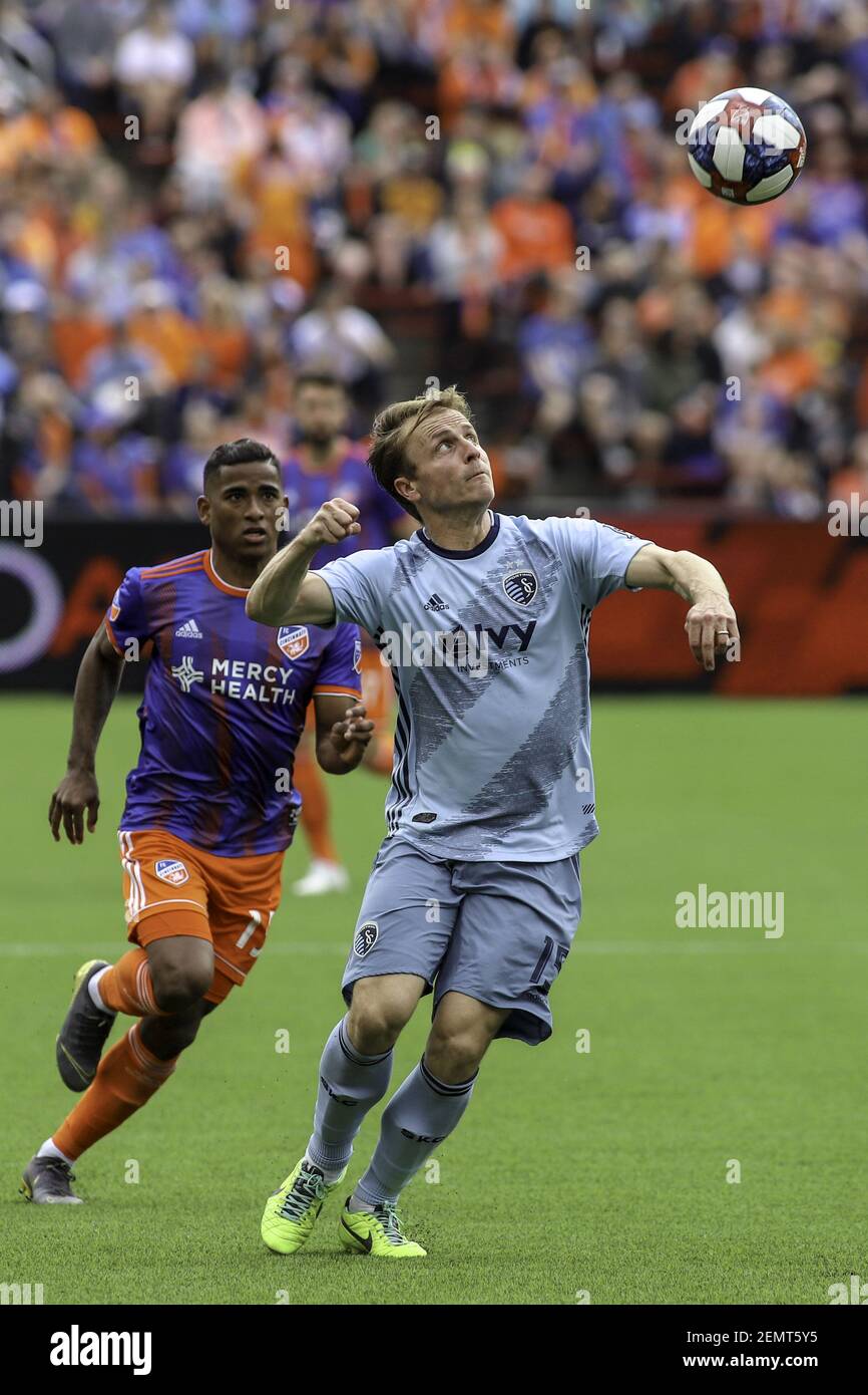 April 7, 2019: Sporting KC's Seth Sinovic looks to head the ball during ...