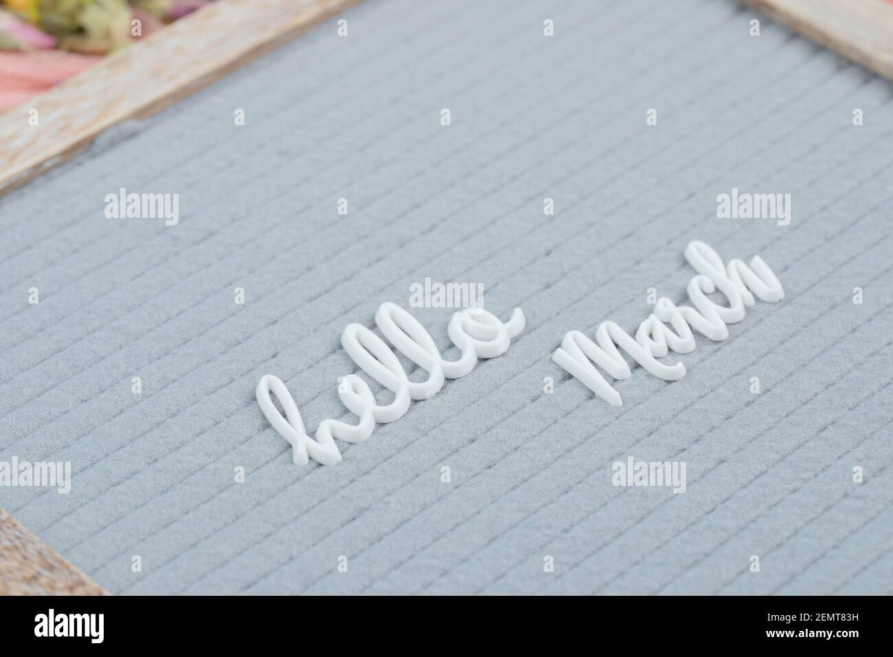 Hello month names embedded on the grey background Stock Photo - Alamy
