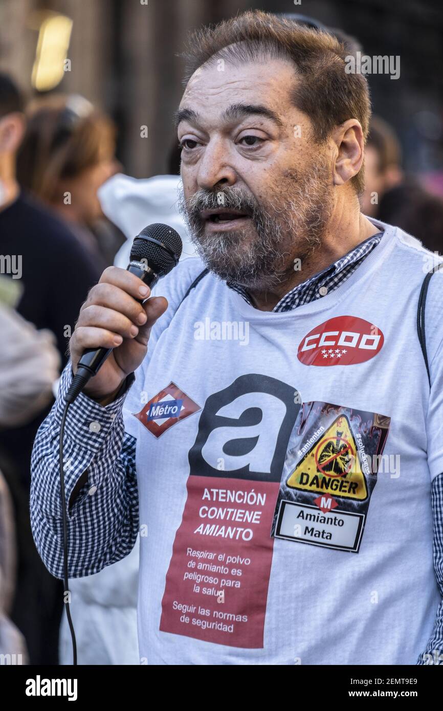 A worker and trade unionist is seen speaking during the protest ...