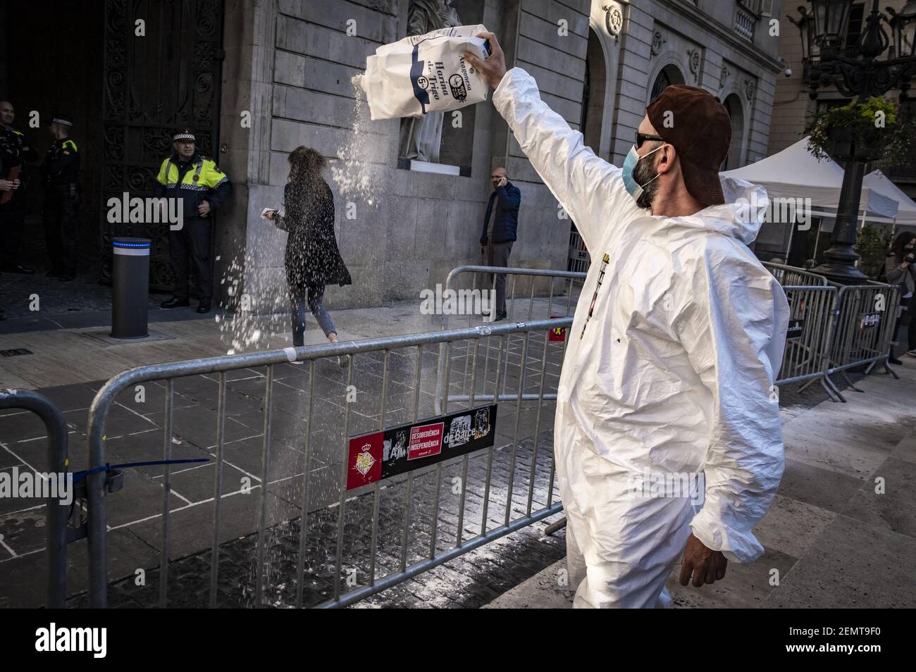 An underground worker is seen spreading flour in front of Barcelona ...