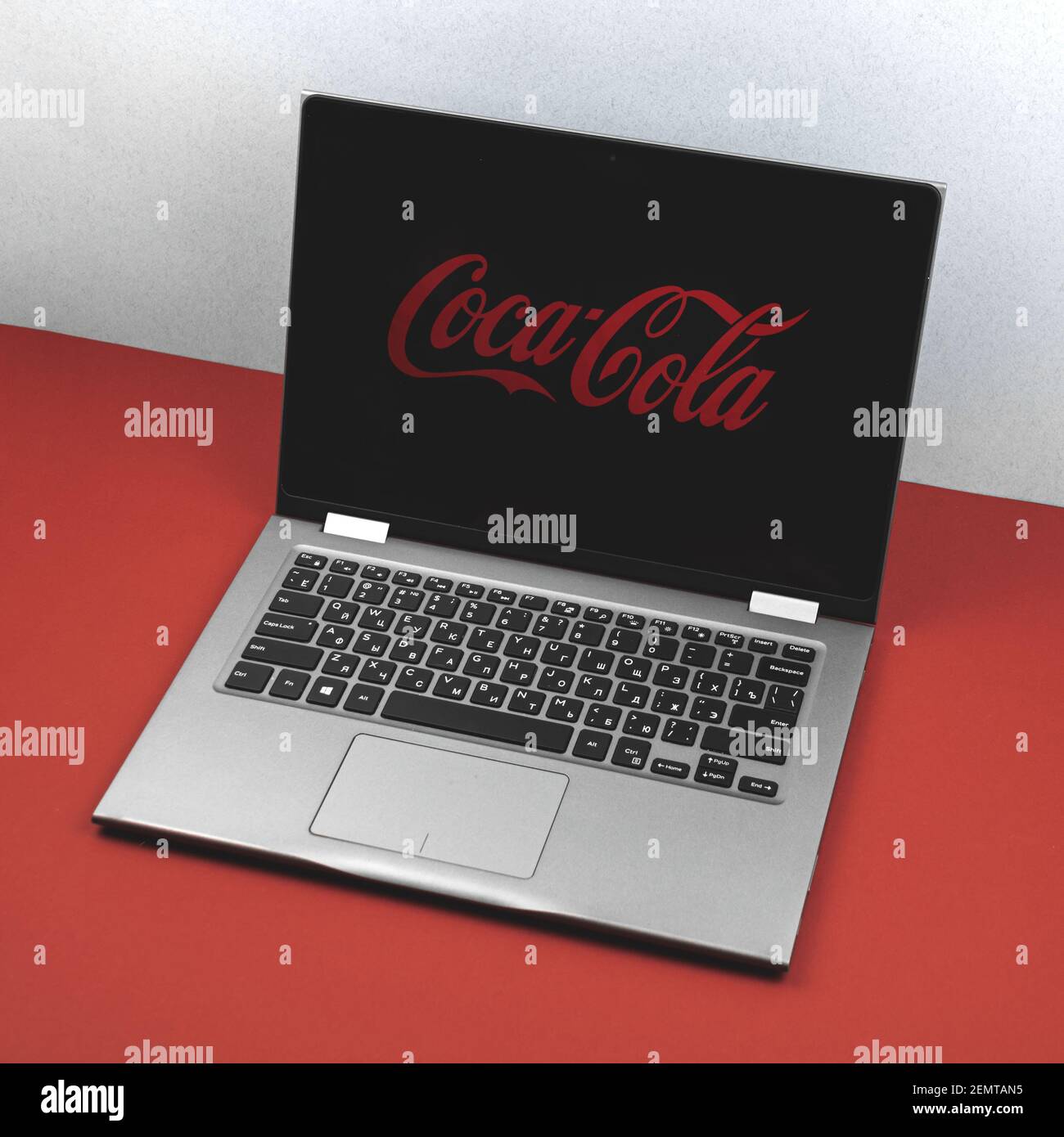 Kharkov, Ukraine - February 24, 2021: Coca Cola logo on laptop screen ...