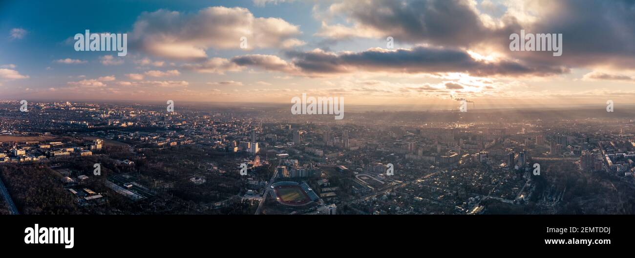 Aerial panorama view of Kharkiv city center with Park of Maxim Gorky ...