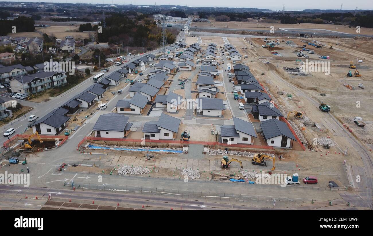 OKUMA, JAPAN - APRIL 10: In this April 10, 2019, Shows an aerial photo ...