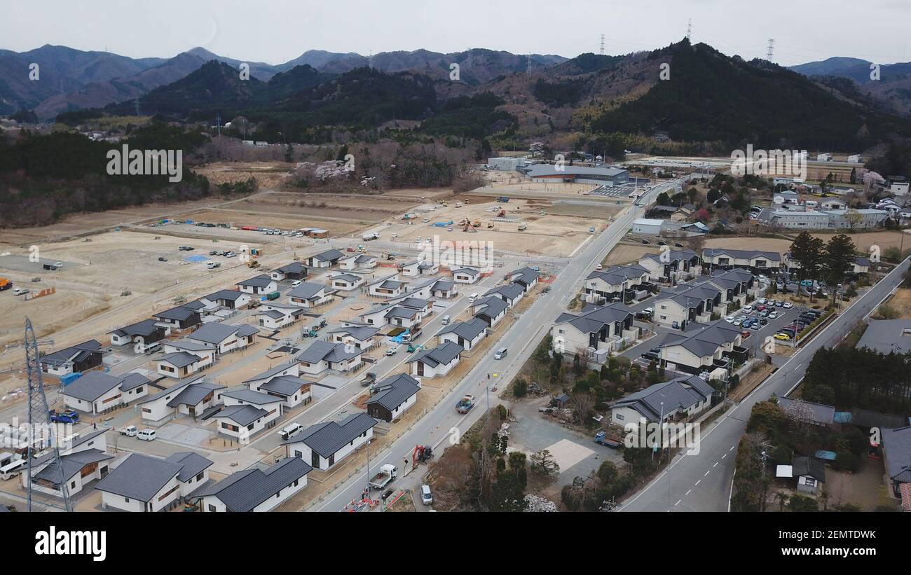 OKUMA, JAPAN - APRIL 10: In this April 10, 2019, Shows an aerial photo ...