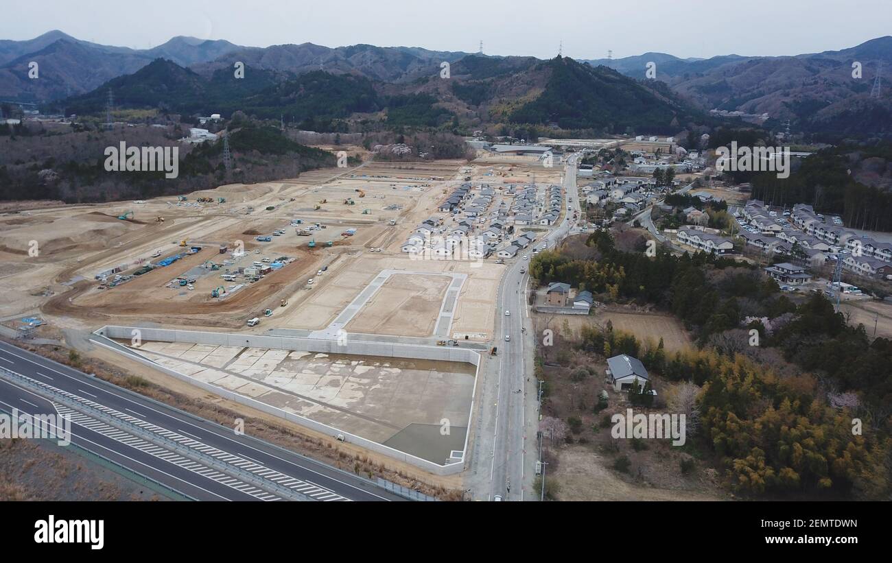 OKUMA, JAPAN - APRIL 10: In this April 10, 2019, Shows an aerial photo ...