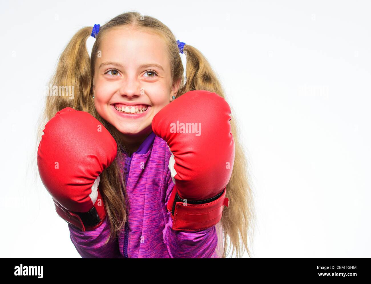 Self defence concept. Girl child strong with boxing gloves posing on ...