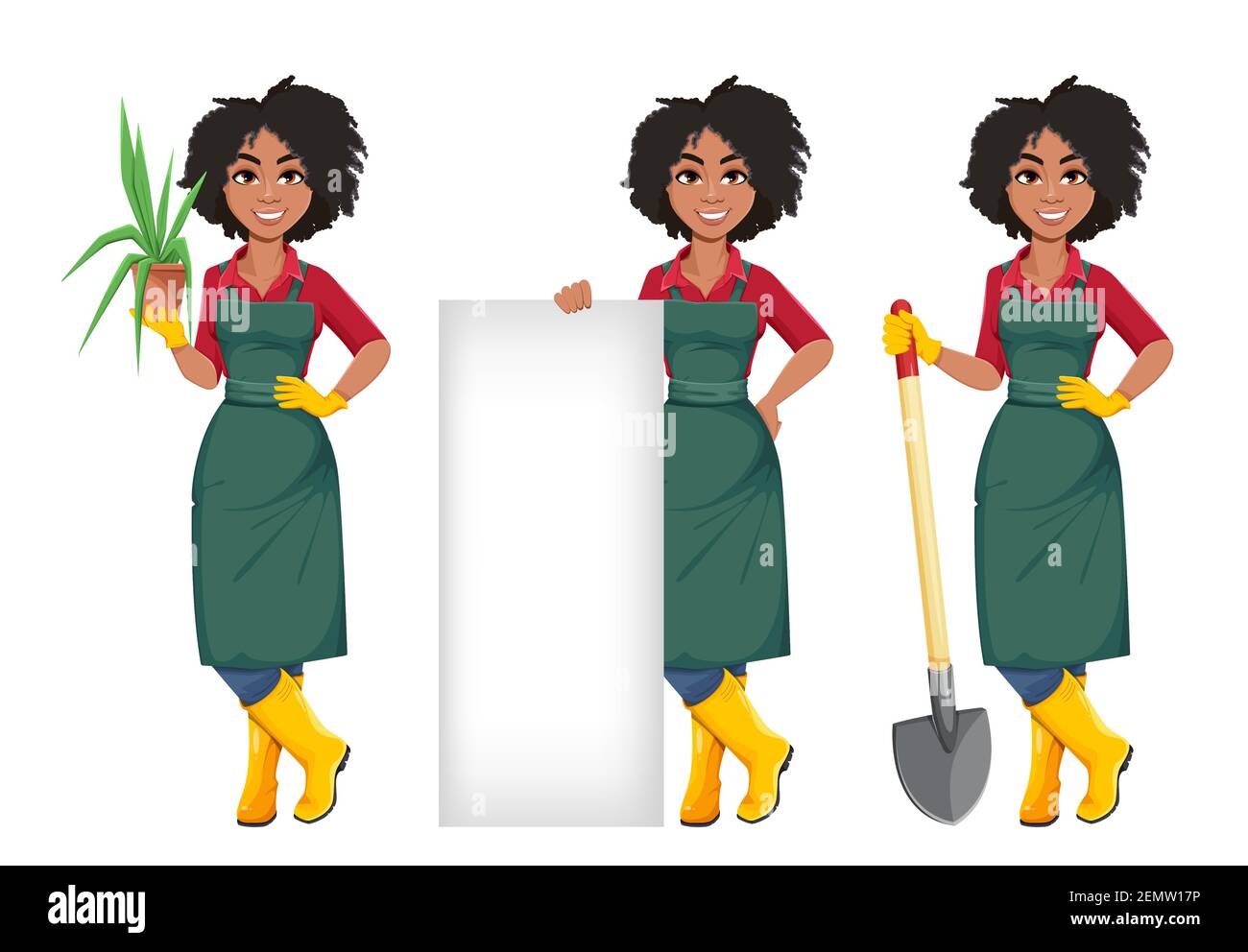 Stock vector young African American gardener woman, set of three poses ...