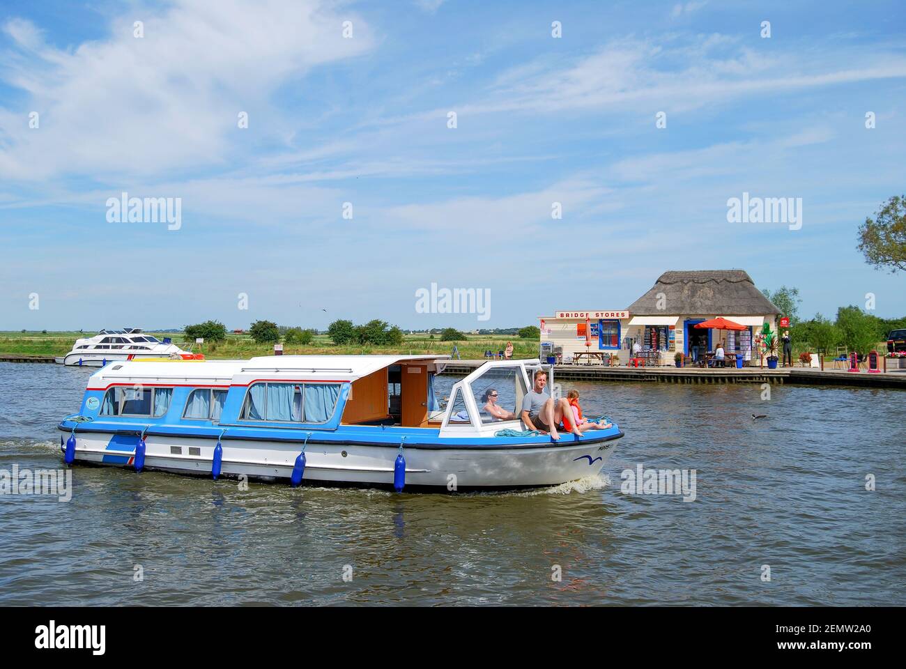 Boats on River Bure at Acle Bridge, Norfolk Broads, Norfolk, England ...