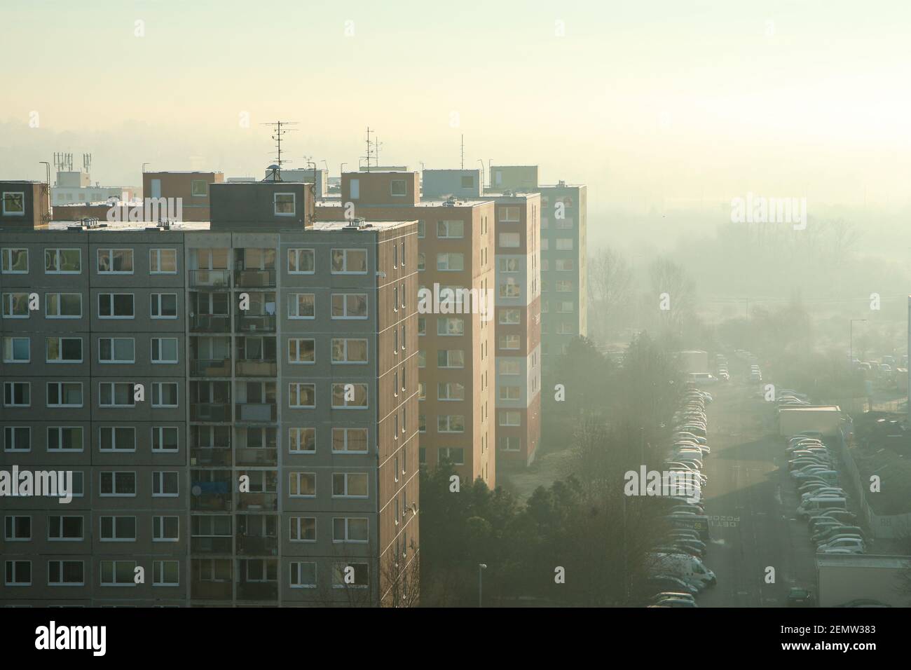 The misty morning detail of the part of the big area of high rise block ...