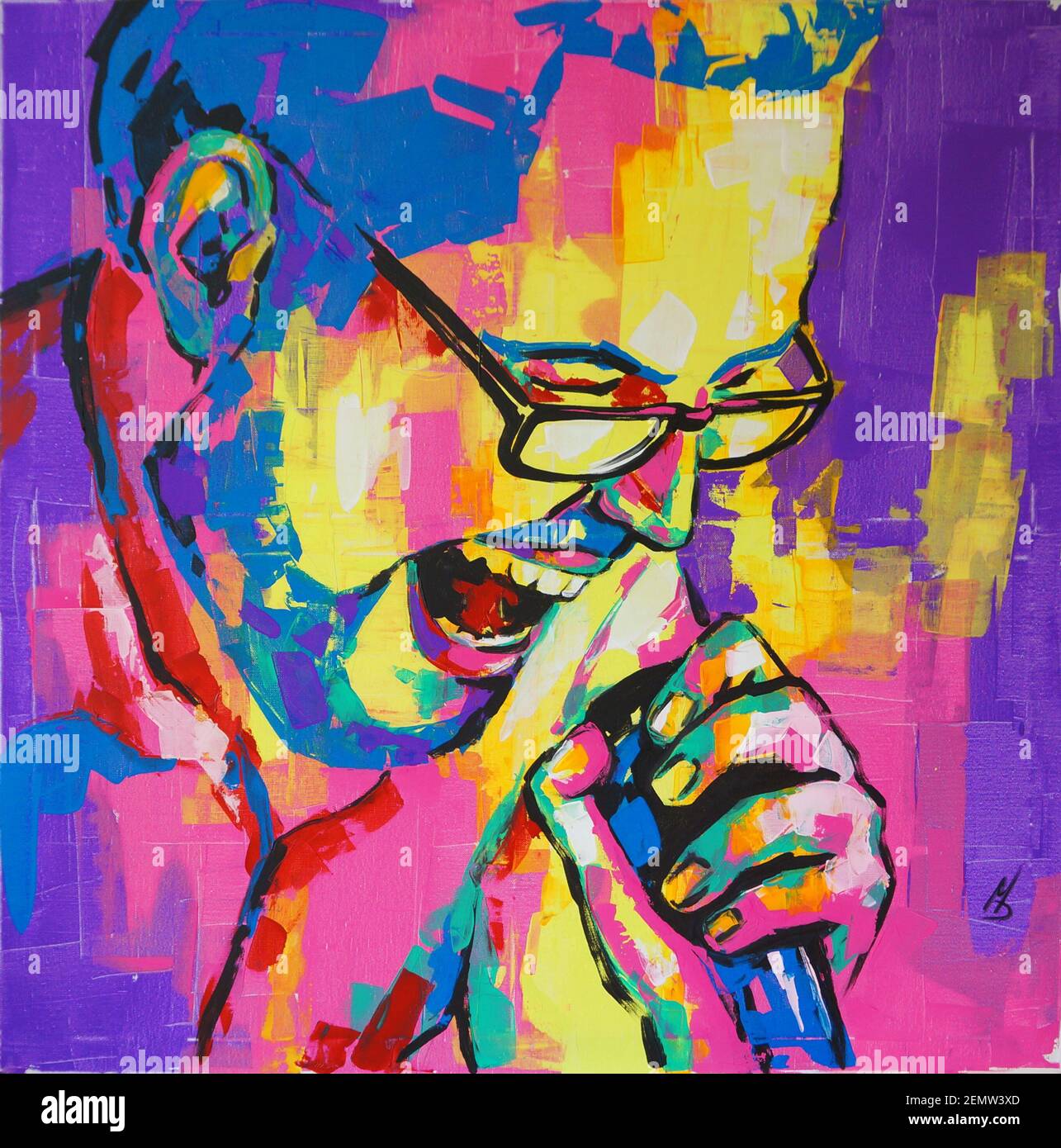 Conceptual abstract picture of a singing man. Oil portrait painting in ...