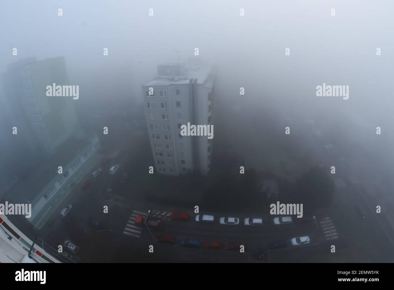 The misty morning detail of the part of the big area of high rise block ...