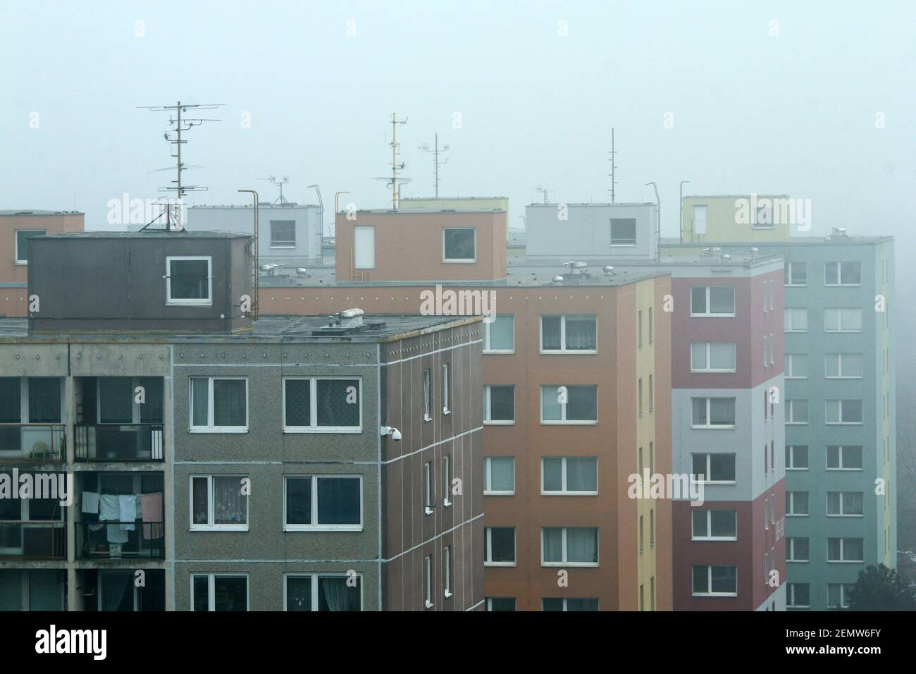 The misty morning detail of the part of the big area of high rise block ...