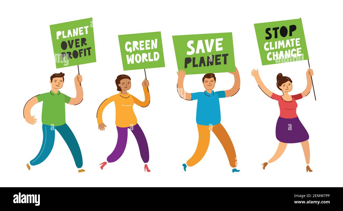 People holding banners and posters for environmental protection ...