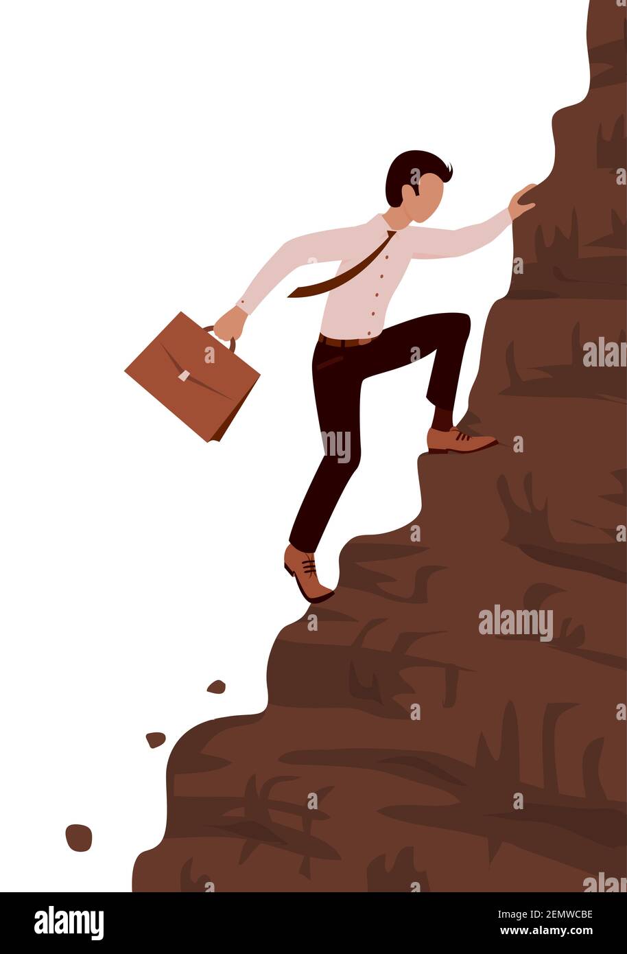 A young brave business man climbs a steep mountain. Case in hand ...