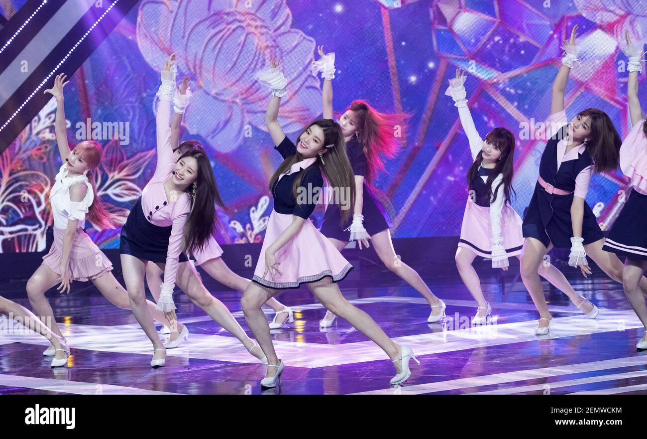 South Korean K-Pop girl group IZ*ONE, performs on the stage during a MBC TV K-Pop music chart ...